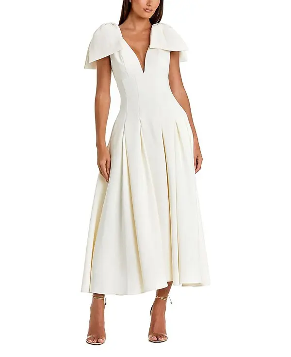 Mac Duggal Crepe A-line Midi Dress With Bow Straps - Ivory