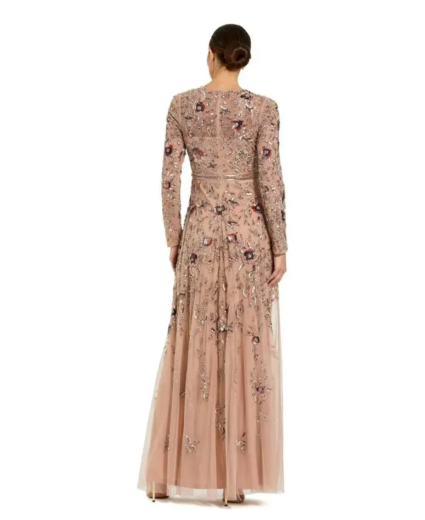 Mac Duggal Floral Embellished Mesh A-line Gown - Mocha