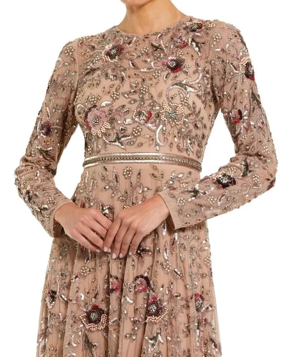 Mac Duggal Floral Embellished Mesh A-line Gown - Mocha