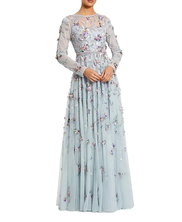 Mac Duggal Long Sleeve Floral Embellished Gown - Seafoam Multi