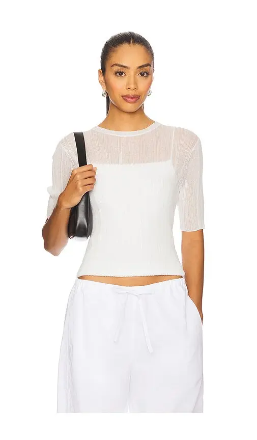 Vince Double Layer Rib Elbow Sleeve Top - Optic White