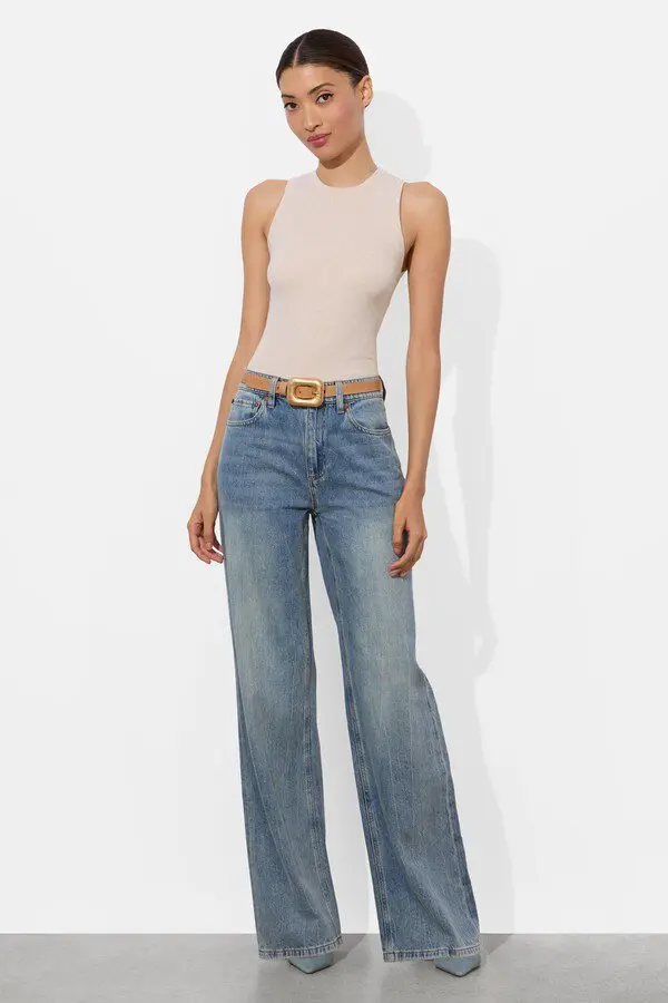 Alice + Olivia Letty Buckle Tan Leather Belt with Oversized Gold Buckle LETTY BUCKLE BELT in INDIGO | ALICE + OLIVIA main image 4