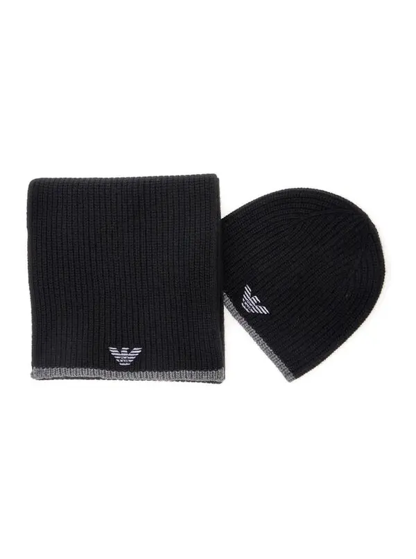 Emporio Armani Scarf And Beanie Set With Logo Embroidery - Black