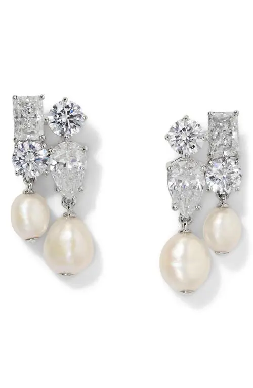 Nadri London Cultured Pearl Cluster Drop Earrings - Rhodium
