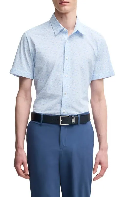 BOSS Roan Floral Short Sleeve Stretch Button-up Shirt - Light Blue