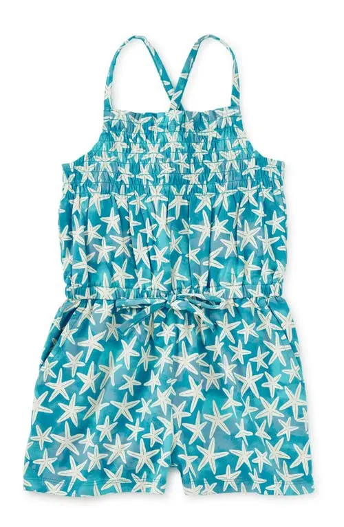 TEA COLLECTION Strappy Romper With Smocked Bodice - Watercolor Starfish