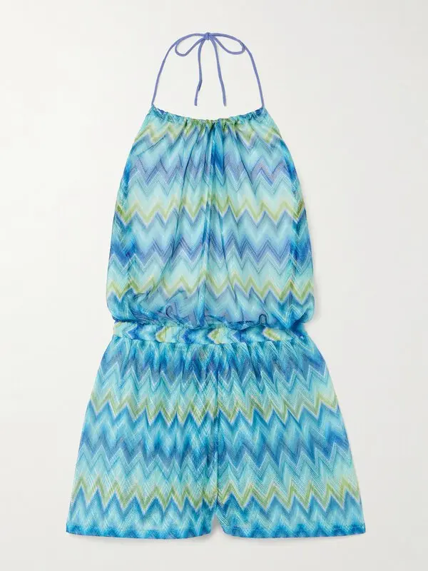 Missoni Open-back Printed Stretch-tulle Halterneck Playsuit - Blue