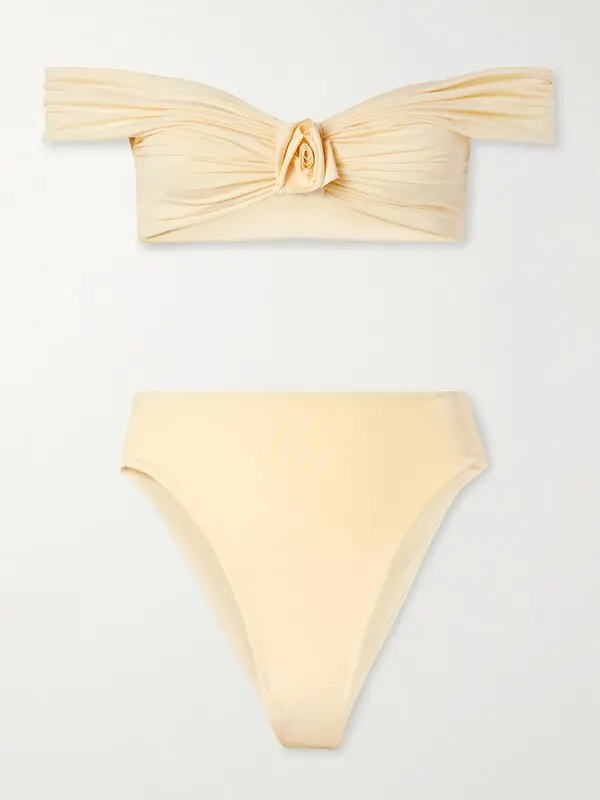MAYGEL CORONEL Sauco Off-the-shoulder Appliquéd Ruched Bikini - Yellow