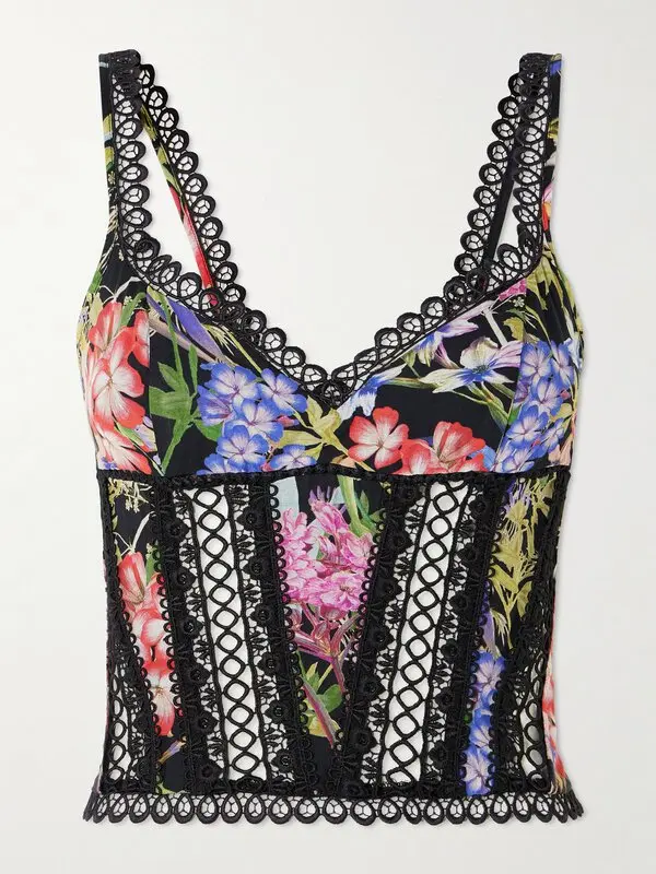 Charo Ruiz Ibiza Poppy Guipure Lace-trimmed Floral-print Bustier Top - Black