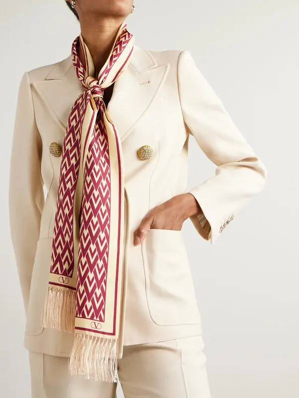 Valentino Garavani Toute La V Fringed Printed Silk-twill Scarf