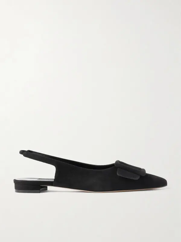 Manolo Blahnik Maylura Buckled Suede Slingback Flats - Black