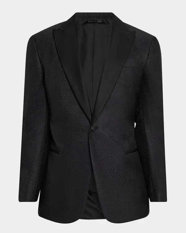 Giorgio Armani Honeycomb Satin Peak Lapel Dinner Jacket - Solid Black