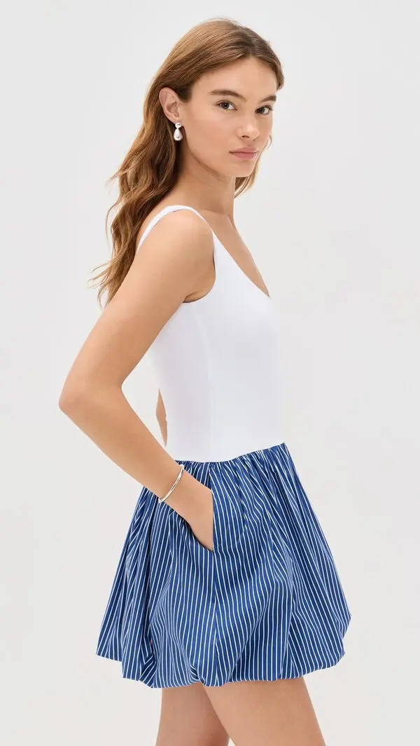 LE BOP Piper Combo Mini Dress - White/blue Stripe