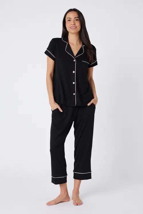 THE CAT'S PAJAMAS Classic Solid Pima Knit Short-sleeved Capri Pajama Set - Midnight