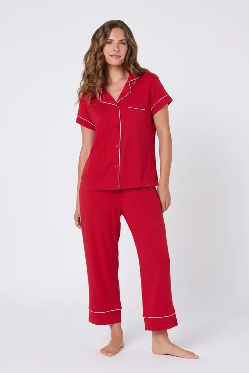 THE CAT'S PAJAMAS Classic Solid Pima Knit Short-sleeved Capri Pajama Set - Red