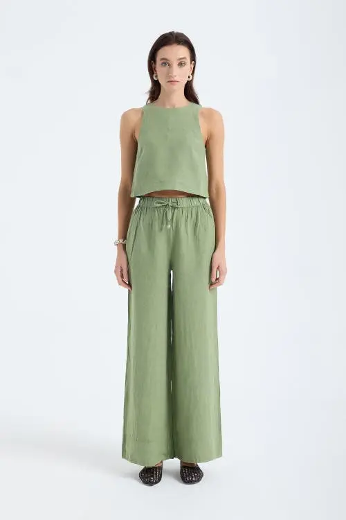 MONLICIA Ciel 100% Linen Wide-leg Pants - Ciel Green