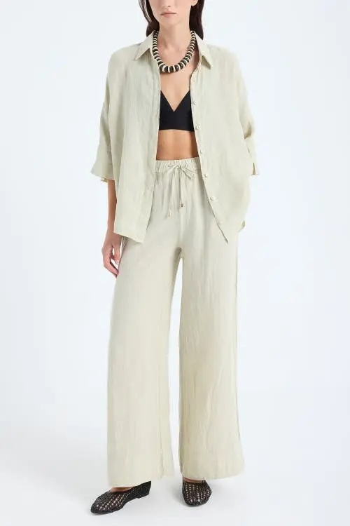 MONLICIA Ciel 100% Linen High-waist Wide-leg Pants - Stone