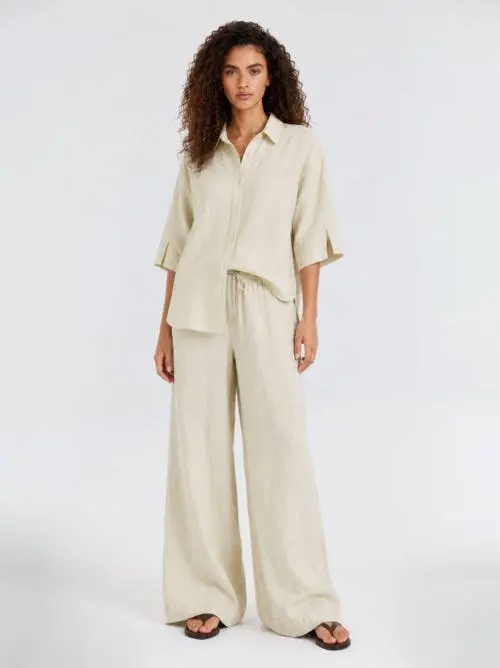 MONLICIA Ciel 100% Linen High-waist Wide-leg Pants - Stone