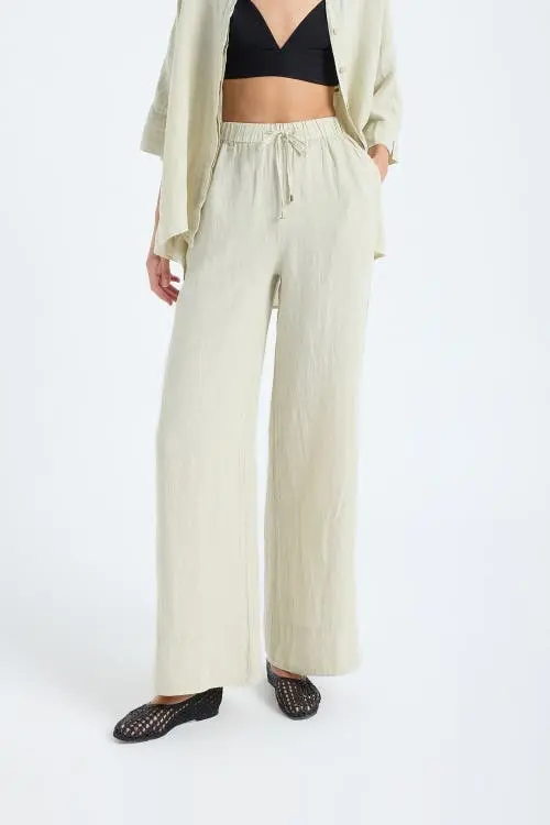 MONLICIA Ciel 100% Linen High-waist Wide-leg Pants - Stone