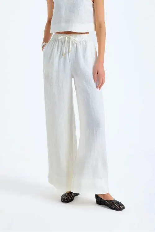 MONLICIA Ciel 100% Linen High-waist Wide-leg Pants - White
