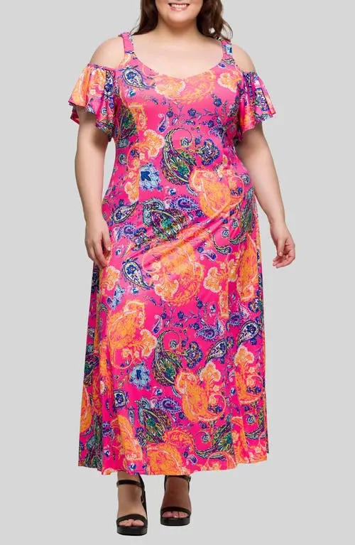 24SEVEN COMFORT APPAREL Printed Cold Shoulder Maxi Dress - Pink Multi