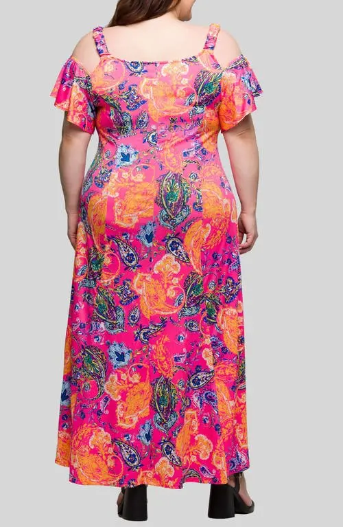 24SEVEN COMFORT APPAREL Printed Cold Shoulder Maxi Dress - Pink Multi