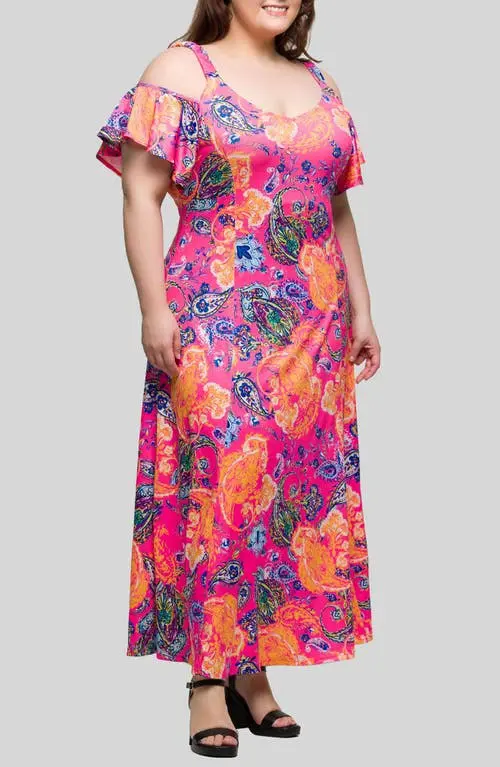 24SEVEN COMFORT APPAREL Printed Cold Shoulder Maxi Dress - Pink Multi
