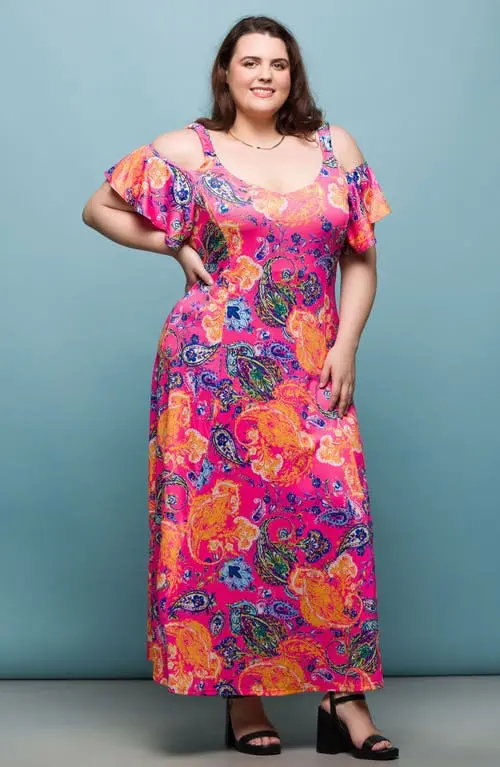 24SEVEN COMFORT APPAREL Printed Cold Shoulder Maxi Dress - Pink Multi