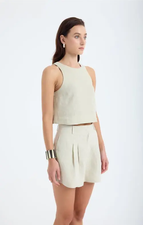 MONLICIA Lena 100% Linen Sleeveless Crop Top - Stone