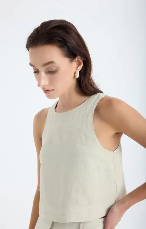 MONLICIA Lena 100% Linen Sleeveless Crop Top - Stone