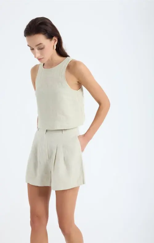 MONLICIA Lena 100% Linen Sleeveless Crop Top - Stone