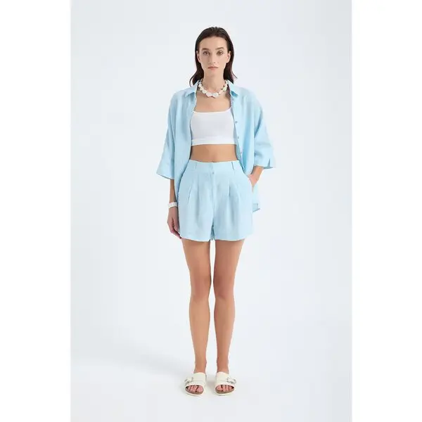 MONLICIA 100% Linen Relaxed Fit High-waist Shorts - Blue