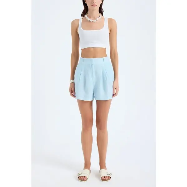 MONLICIA Reve 100% Linen High-waist Pleated Relaxed Fit Shorts - Blue