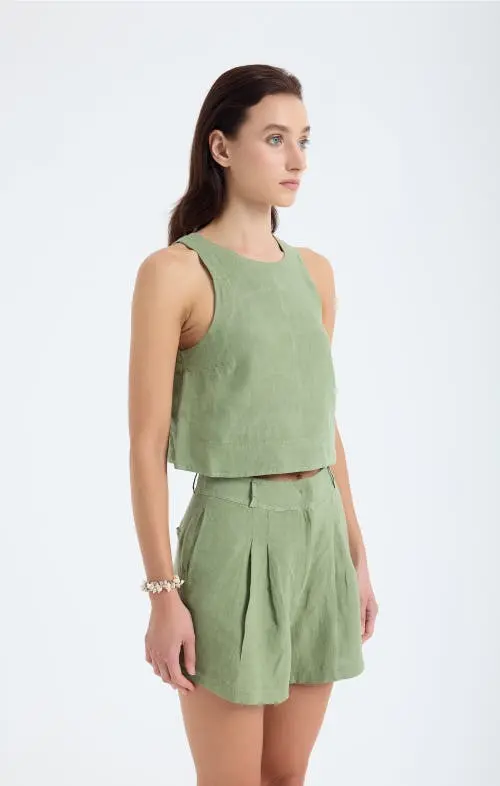 MONLICIA Reve 100% Linen Relaxed Fit High-waist Shorts - Green