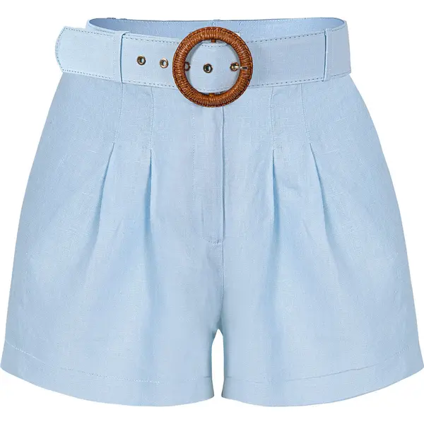 MONLICIA Reve 100% Linen High-waist Pleated Relaxed Fit Shorts - Light Blue