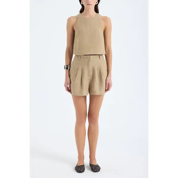 MONLICIA Reve 100% Linen High-waist Pleated Relaxed Fit Shorts - Medium Beige
