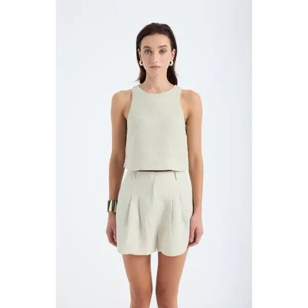 MONLICIA Reve 100% Linen High-waist Pleated Relaxed Fit Shorts - Stone