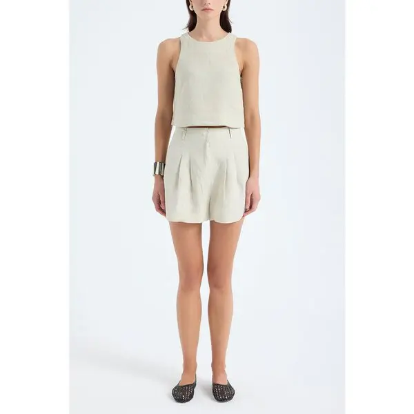 MONLICIA Reve 100% Linen High-waist Pleated Relaxed Fit Shorts - Stone