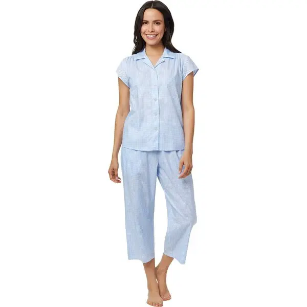 THE CAT'S PAJAMAS Luxe Pima Capri Floral Set - Classic Gingham Blue