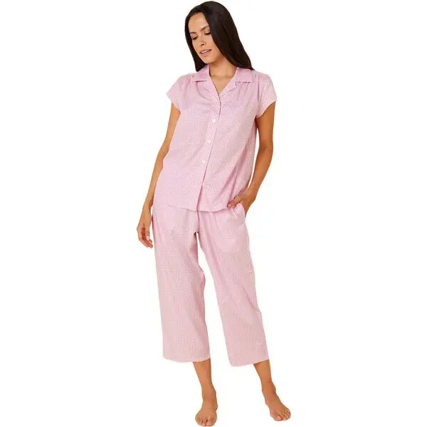 THE CAT'S PAJAMAS Luxe Pima Capri Floral Set - Classic Gingham Pink