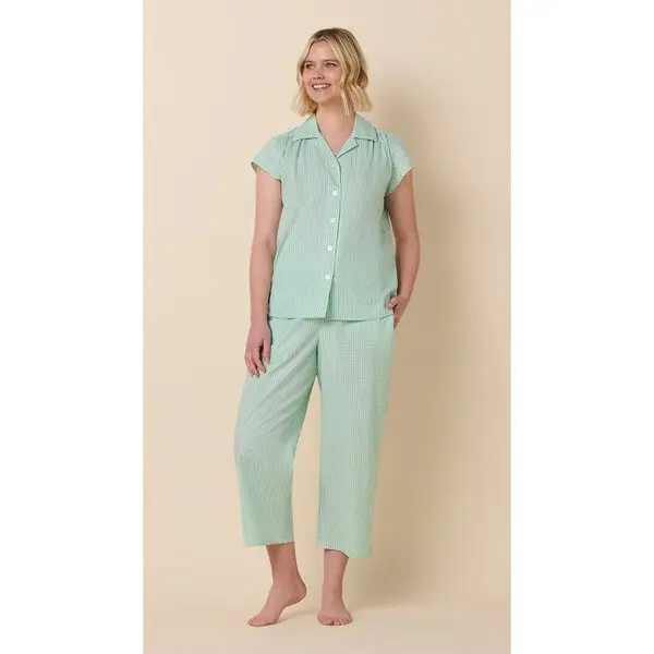 THE CAT'S PAJAMAS Luxe Pima Capri Print Set - Classic Gingham Sea Green