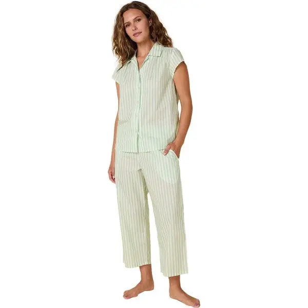 THE CAT'S PAJAMAS Luxe Pima Capri Print Set - Classic Stripe Light Green