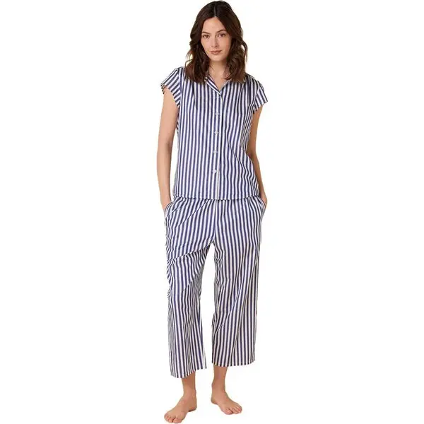 THE CAT'S PAJAMAS Luxe Pima Capri Floral Set - Classic Stripe Navy