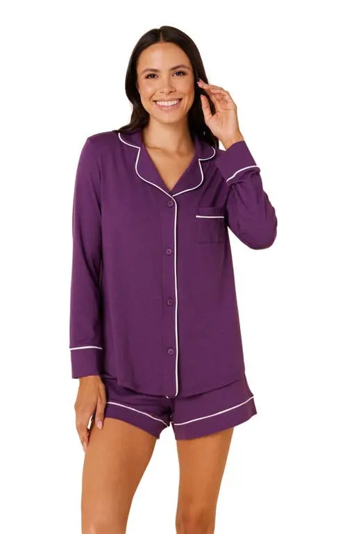 THE CAT'S PAJAMAS Pima Knit Long Sleeved Short Set - Classic Aubergine