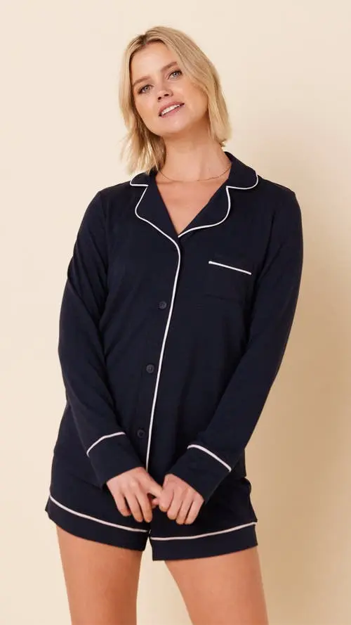THE CAT'S PAJAMAS Pima Knit Long Sleeved Short Set - Midnight