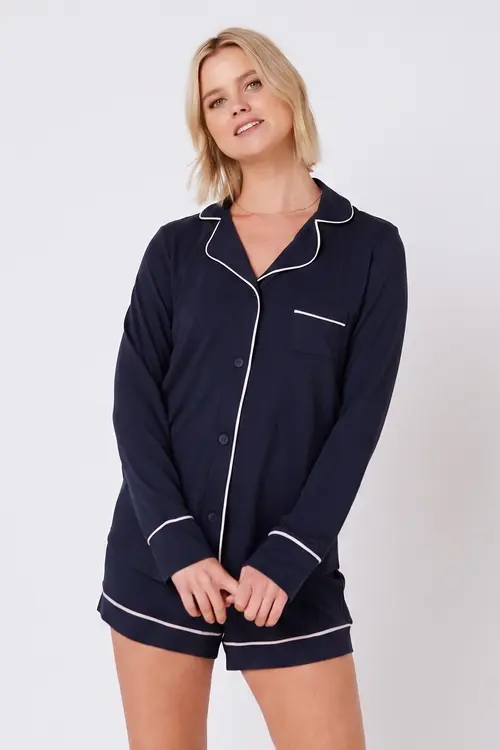 THE CAT'S PAJAMAS Pima Knit Long Sleeved Short Set - Midnight