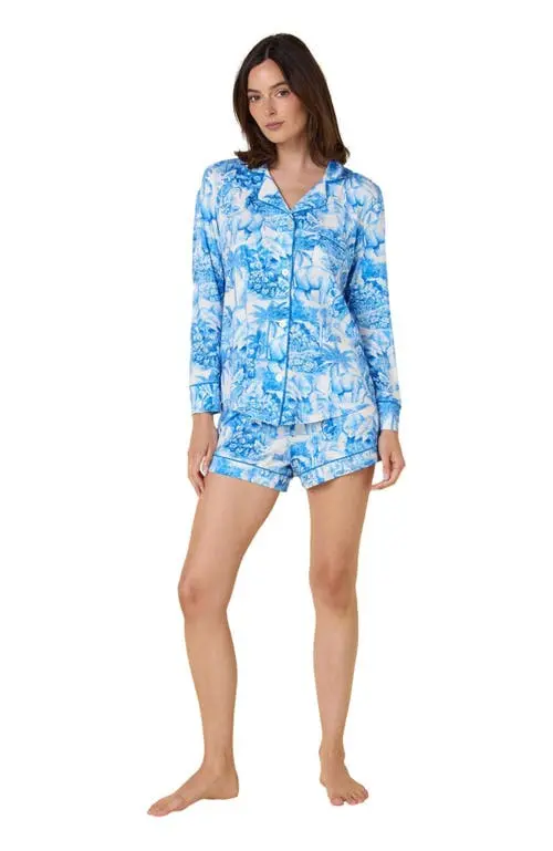 THE CAT'S PAJAMAS Pima Knit Long Sleeved Short Set - Palm Grove Blue