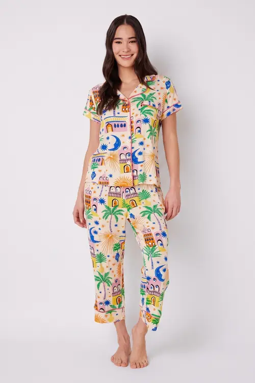 THE CAT'S PAJAMAS Floral Pima Knit Short-sleeved Capri Pajama Set - Moroccan Magic
