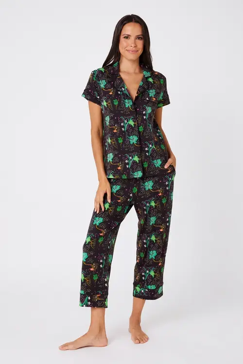 THE CAT'S PAJAMAS Floral Pima Knit Short-sleeved Capri Pajama Set - Stargazer