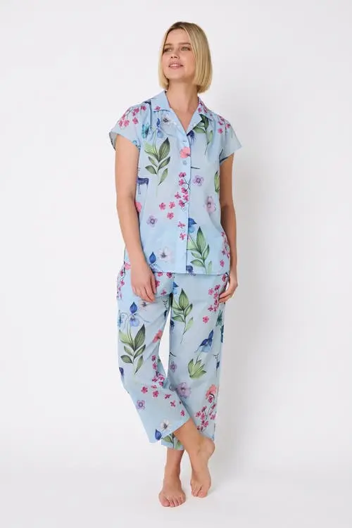 THE CAT'S PAJAMAS Floral Cotton Voile Short-sleeved Capri Pajama Set - Deerly
